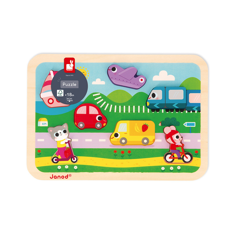 Chunky Puzzle Vehicles 7 pieces : Toddler wooden puzzles Janod - J07124