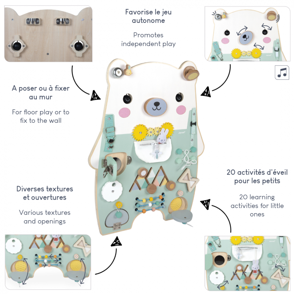 Pure wooden bear busy-board : Abacus, loopings & activity panels Janod ...